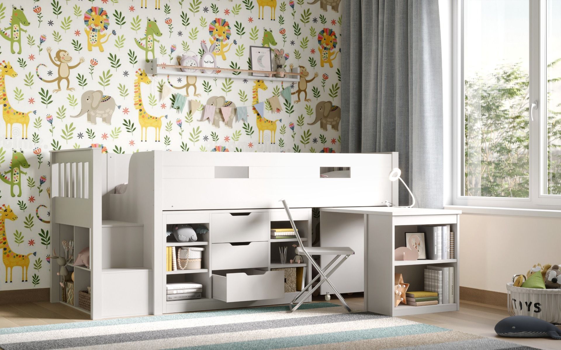 Kids Bunk Beds Charlie Wooden Mid Sleeper Set With Storage And Desk ...