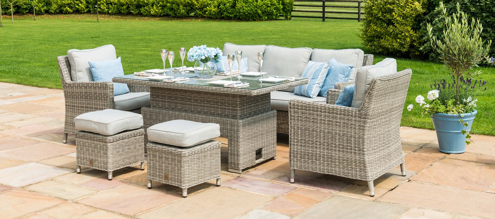 Maze Rattan Oxford Sofa Dining Set with Ice Bucket And Rising Table ...