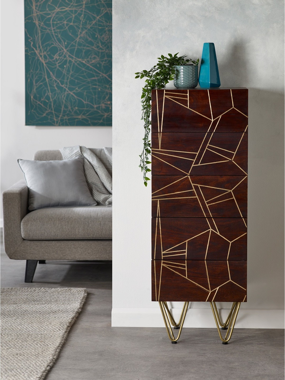Indian Hub Dark Gold Tall Chest of Drawers - Free Delivery